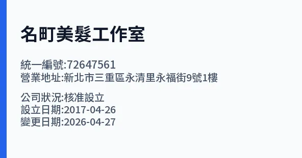 名町美髮工作室的照片-統編 72647561(新北市) 公司登記資料與營業項目詳細圖表