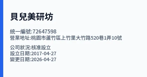 貝兒美研坊的照片-統編 72647598(桃園市) 公司登記資料與營業項目詳細圖表