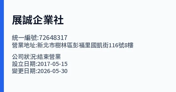 展誠企業社的照片-統編 72648317(新北市) 公司登記資料與營業項目詳細圖表