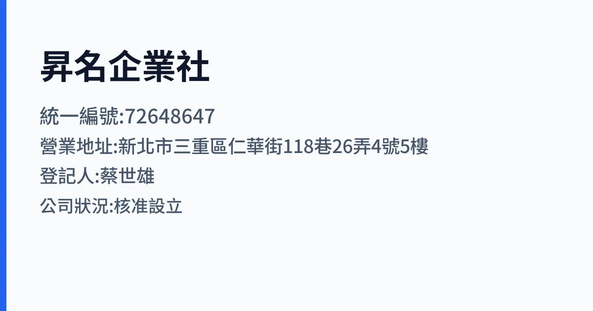 昇名企業社 - 統編 72648647(新北市) 公司登記資料與營業項目詳細圖表