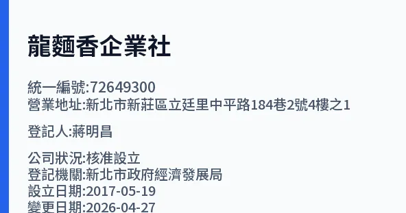 龍麵香企業社的照片-統編 72649300(新北市) 公司登記資料與營業項目詳細圖表