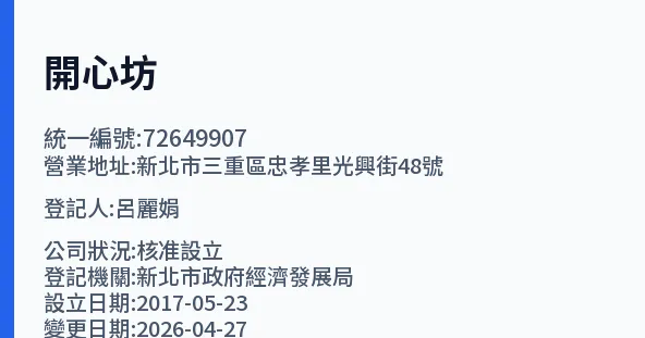 開心坊的照片-統編 72649907(新北市) 公司登記資料與營業項目詳細圖表