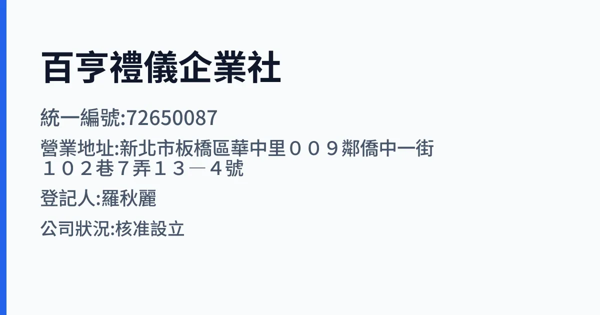 百亨禮儀企業社 - 統編 72650087(新北市) 公司登記資料與營業項目詳細圖表