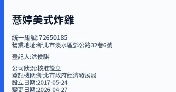 薏婷美式炸雞的照片-統編 72650185(新北市) 公司登記資料與營業項目詳細圖表