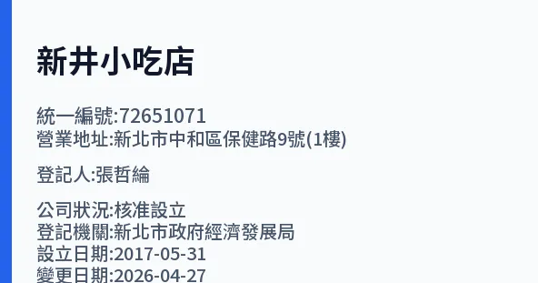 新井小吃店的照片-統編 72651071(新北市) 公司登記資料與營業項目詳細圖表