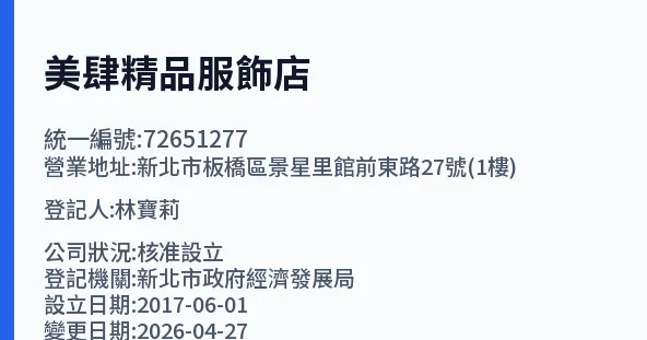 美肆精品服飾店的照片-統編 72651277(新北市) 公司登記資料與營業項目詳細圖表