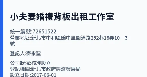 小夫妻婚禮背板出租工作室的照片-統編 72651522(新北市) 公司登記資料與營業項目詳細圖表
