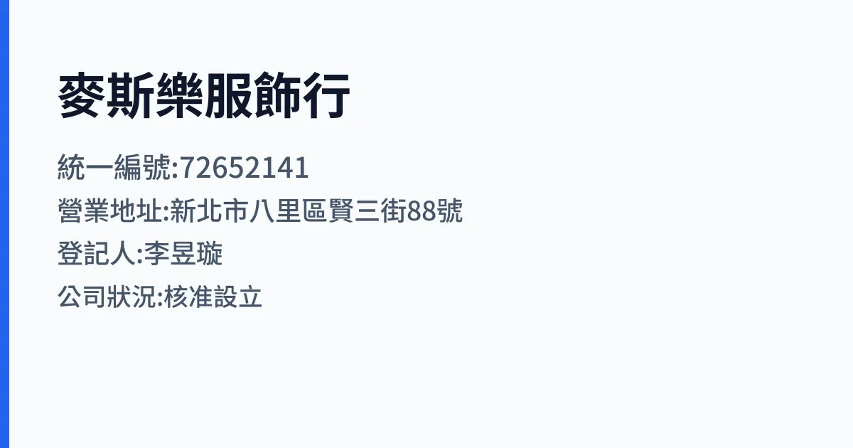 麥斯樂服飾行 - 統編 72652141(新北市) 公司登記資料與營業項目詳細圖表