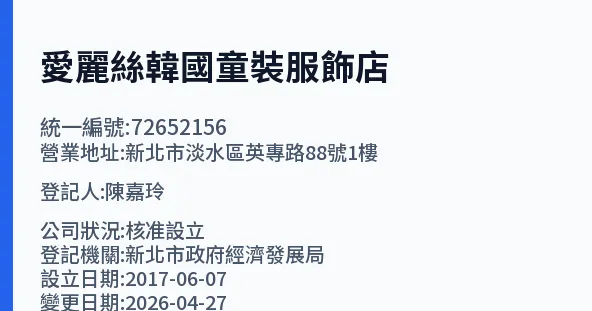 愛麗絲韓國童裝服飾店的照片-統編 72652156(新北市) 公司登記資料與營業項目詳細圖表