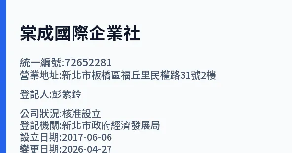 棠成國際企業社的照片-統編 72652281(新北市) 公司登記資料與營業項目詳細圖表