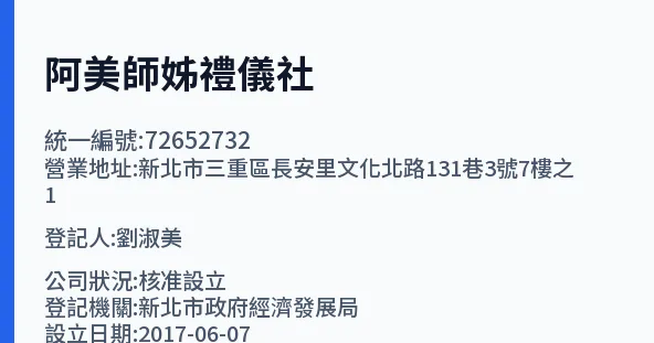 阿美師姊禮儀社的照片-統編 72652732(新北市) 公司登記資料與營業項目詳細圖表