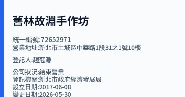 舊林故淵手作坊的照片-統編 72652971(新北市) 公司登記資料與營業項目詳細圖表