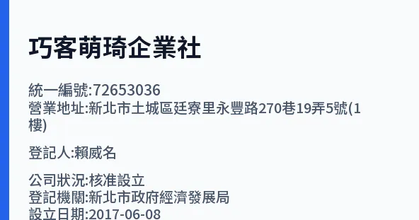 巧客萌琦企業社的照片-統編 72653036(新北市) 公司登記資料與營業項目詳細圖表