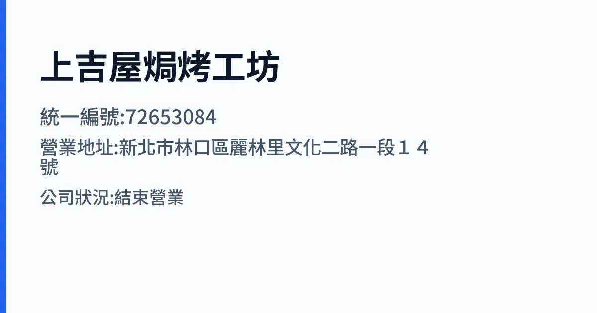 上吉屋焗烤工坊 - 統編 72653084(新北市) 公司登記資料與營業項目詳細圖表