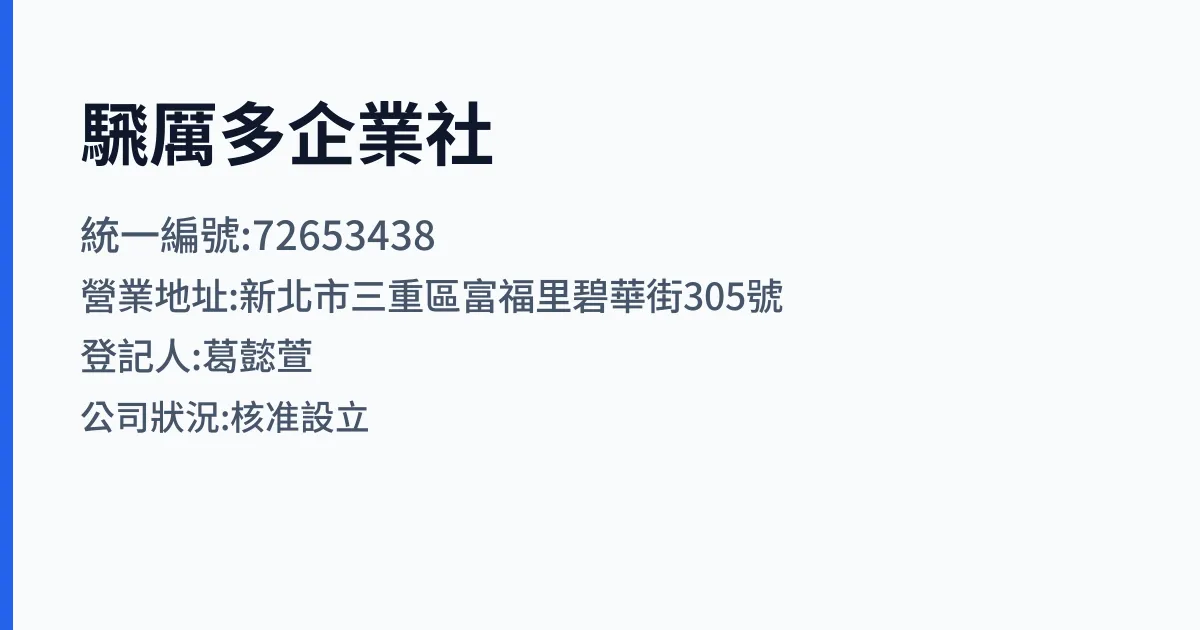 騛厲多企業社 - 統編 72653438(新北市) 公司登記資料與營業項目詳細圖表