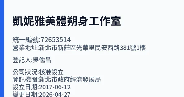 凱妮雅美體朔身工作室的照片-統編 72653514(新北市) 公司登記資料與營業項目詳細圖表