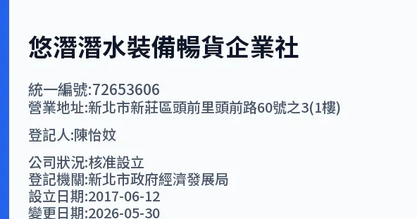 悠潛潛水裝備暢貨企業社的照片-統編 72653606(新北市) 公司登記資料與營業項目詳細圖表
