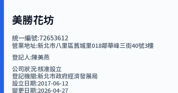 美勝花坊的照片-統編 72653612(新北市) 公司登記資料與營業項目詳細圖表