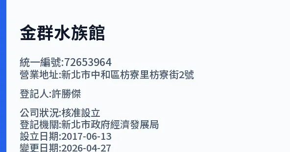 金群水族館的照片-統編 72653964(新北市) 公司登記資料與營業項目詳細圖表