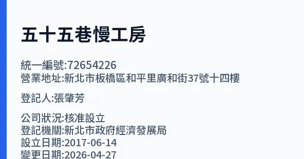 五十五巷慢工房的照片-統編 72654226(新北市) 公司登記資料與營業項目詳細圖表