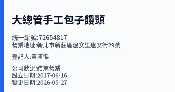 大總管手工包子饅頭的照片-統編 72654817(新北市) 公司登記資料與營業項目詳細圖表
