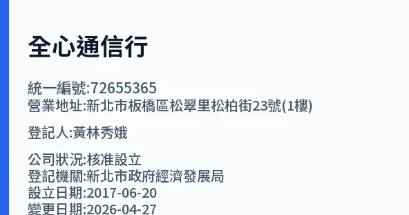 全心通信行的照片-統編 72655365(新北市) 公司登記資料與營業項目詳細圖表