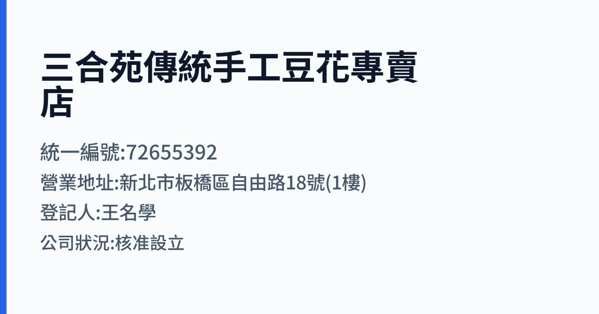 三合苑傳統手工豆花專賣店 - 統編 72655392(新北市) 公司登記資料與營業項目詳細圖表