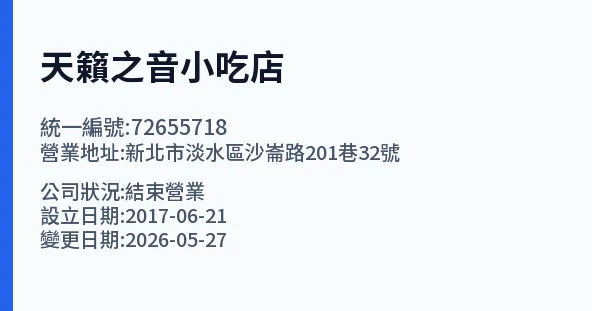 天籟之音小吃店的照片-統編 72655718(新北市) 公司登記資料與營業項目詳細圖表