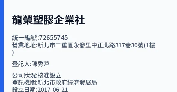 龍榮塑膠企業社的照片-統編 72655745(新北市) 公司登記資料與營業項目詳細圖表