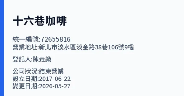 十六巷咖啡的照片-統編 72655816(新北市) 公司登記資料與營業項目詳細圖表