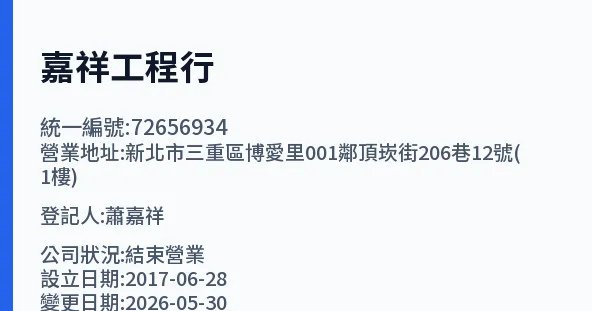 嘉祥工程行的照片-統編 72656934(新北市) 公司登記資料與營業項目詳細圖表