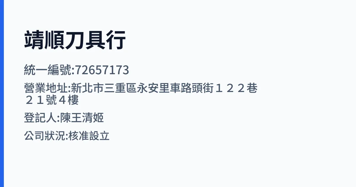 靖順刀具行 - 統編 72657173(新北市) 公司登記資料與營業項目詳細圖表