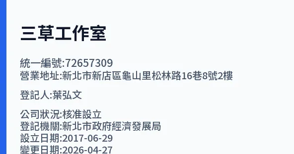 三草工作室的照片-統編 72657309(新北市) 公司登記資料與營業項目詳細圖表