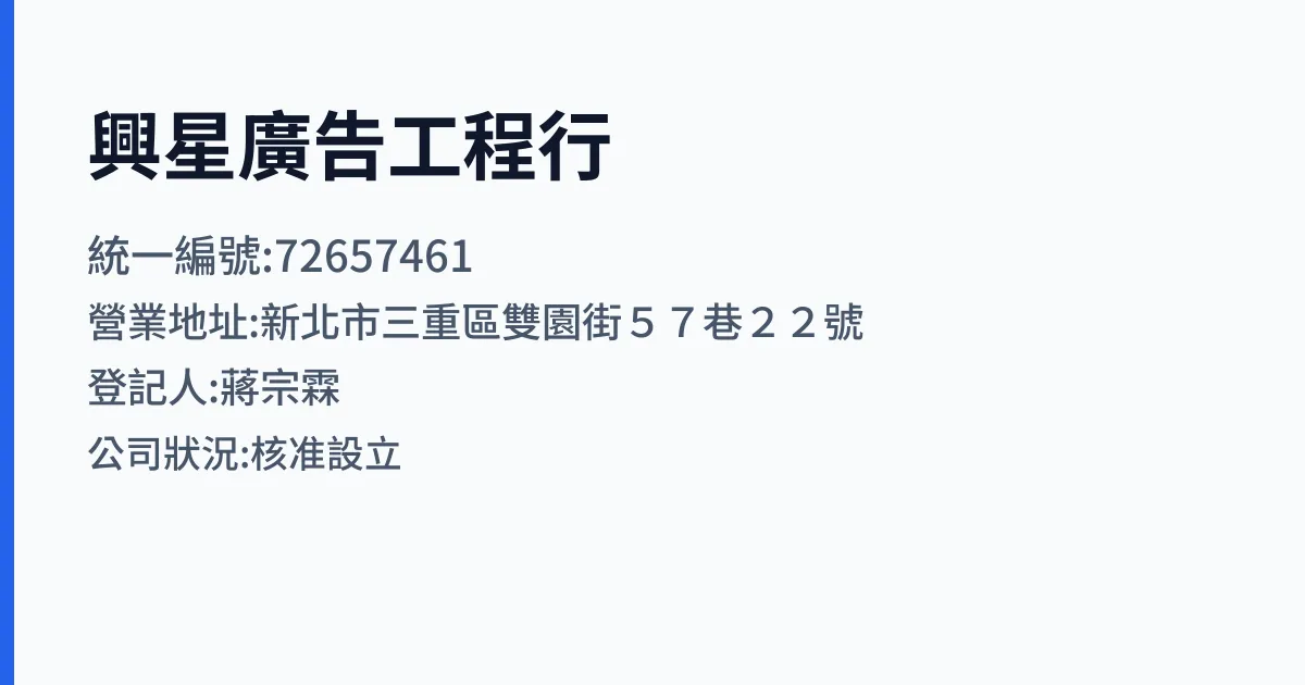 興星廣告工程行 - 統編 72657461(新北市) 公司登記資料與營業項目詳細圖表