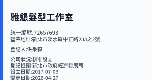 雅懇髮型工作室的照片-統編 72657693(新北市) 公司登記資料與營業項目詳細圖表