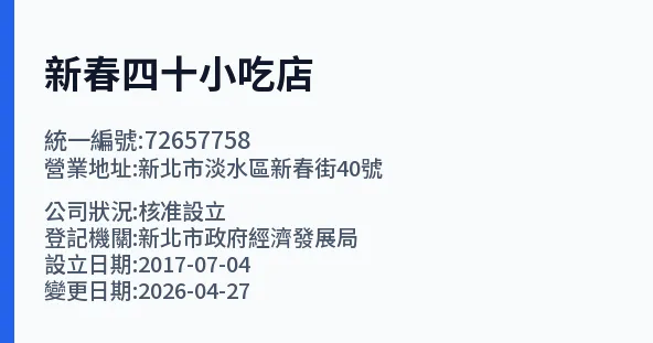 新春四十小吃店的照片-統編 72657758(新北市) 公司登記資料與營業項目詳細圖表