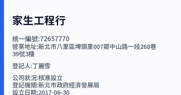 家生工程行的照片-統編 72657770(新北市) 公司登記資料與營業項目詳細圖表