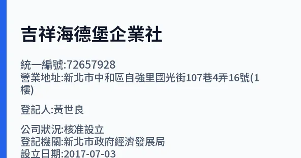 吉祥海德堡企業社的照片-統編 72657928(新北市) 公司登記資料與營業項目詳細圖表