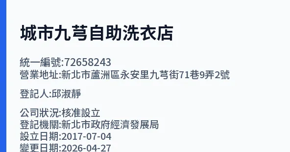 城市九芎自助洗衣店的照片-統編 72658243(新北市) 公司登記資料與營業項目詳細圖表