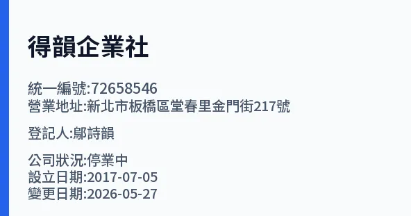 得韻企業社的照片-統編 72658546(新北市) 公司登記資料與營業項目詳細圖表