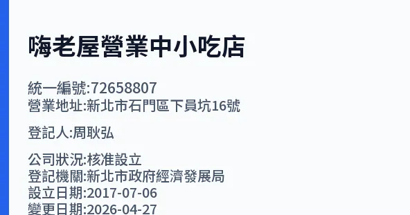 嗨老屋營業中小吃店的照片-統編 72658807(新北市) 公司登記資料與營業項目詳細圖表