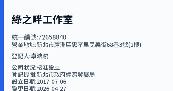 綠之畔工作室的照片-統編 72658840(新北市) 公司登記資料與營業項目詳細圖表