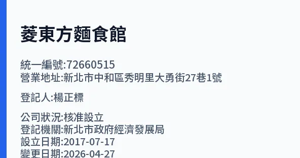 菱東方麵食館的照片-統編 72660515(新北市) 公司登記資料與營業項目詳細圖表