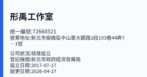 形禹工作室的照片-統編 72660521(新北市) 公司登記資料與營業項目詳細圖表