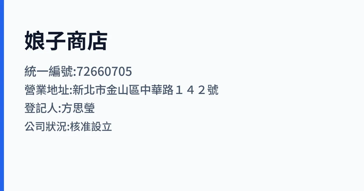 娘子商店 - 統編 72660705(新北市) 公司登記資料與營業項目詳細圖表