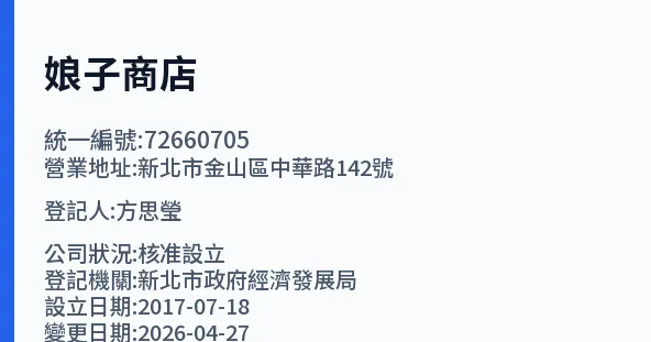 娘子商店的照片-統編 72660705(新北市) 公司登記資料與營業項目詳細圖表