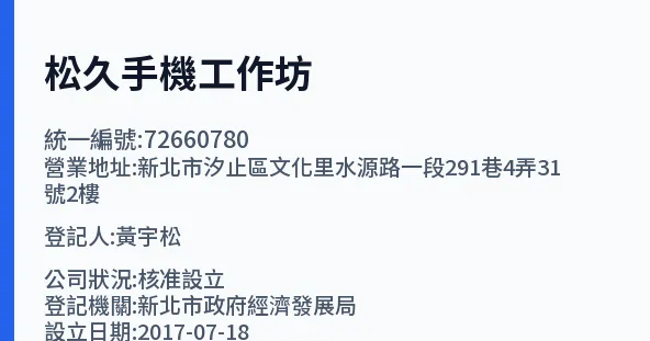 松久手機工作坊的照片-統編 72660780(新北市) 公司登記資料與營業項目詳細圖表
