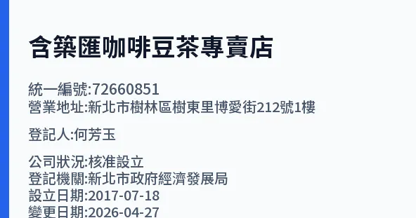 含築匯咖啡豆茶專賣店的照片-統編 72660851(新北市) 公司登記資料與營業項目詳細圖表