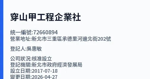 穿山甲工程企業社的照片-統編 72660894(新北市) 公司登記資料與營業項目詳細圖表