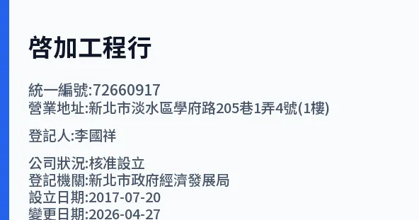 啓加工程行的照片-統編 72660917(新北市) 公司登記資料與營業項目詳細圖表